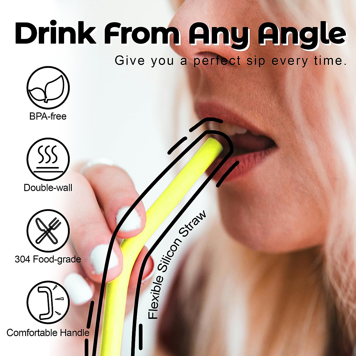 winiwo 40 oz Tumbler with Handle and Straw for Her, Flexible Straw, Insulated Tumbler Cups with Silicone Bottom, Keeps Beverages Cold Up to 24 Hours, Gym/Work/Travel/School/Gift（Lemon Yellow）