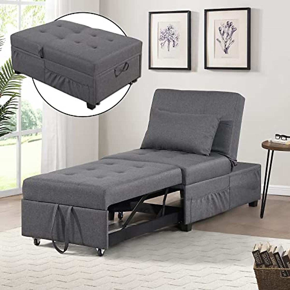 IPKIG Convertible Chair Sleeper Bed, 4 in 1 Multi-Function Sleeper Sofa Folding Ottoman Modern Linen Fabric Guest Bed with Lumbar Pillow and Adjustable Sleeper for Small Space Apartment (Dark Grey)