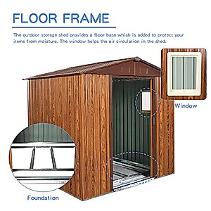 SUNDALY 6'x 6' Wood Look Outdoor Storage Shed with Door, Window & Lock, Waterproof Metal Garden Tool Storage Shed with Floor Frame for Backyard Patio Lawn,Brown