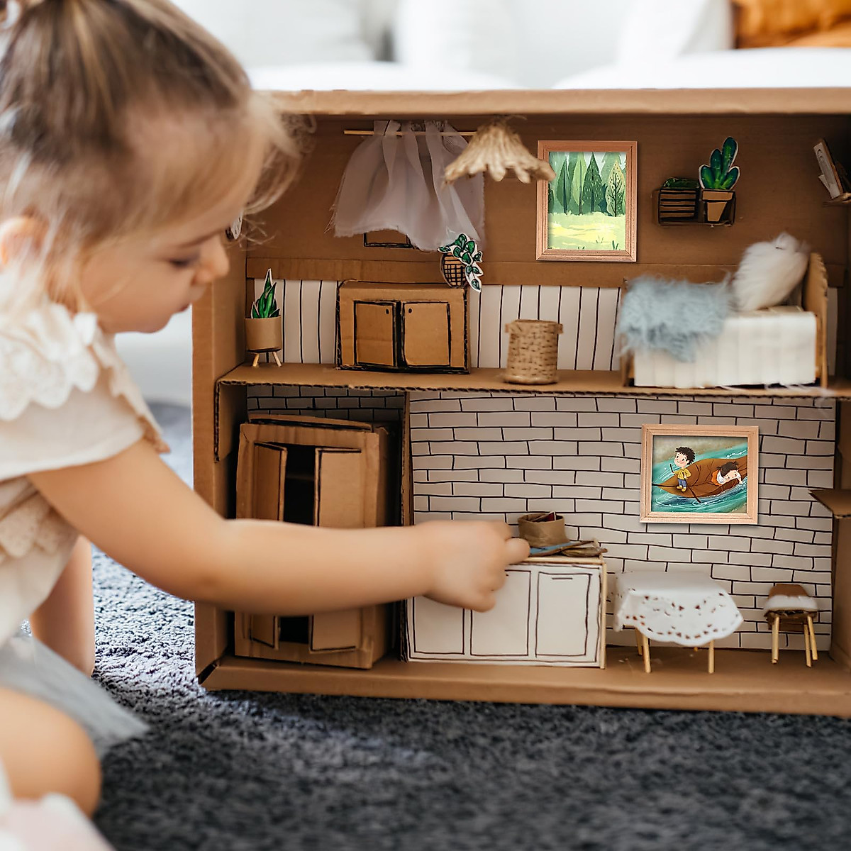 Exceart 6Pcs 1/12 Wood Dollhouse Furniture Unfinished Mini Photo Frame Artificial Miniature Scene Model DIY Wall Art Painting Toys for Nursery Room Photo Props