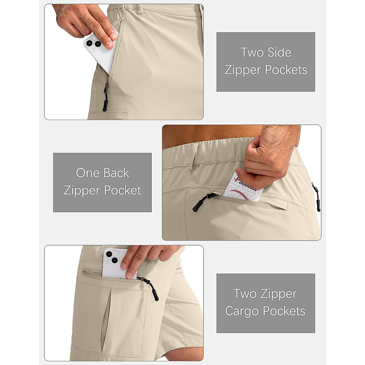 Pudolla Men's Hiking Cargo Shorts 9" Lightweight Outdoor Work Shorts for Men Travel Golf Camping Casual with 5 Zipper Pockets(Khaki Large)