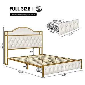 HITHOS Full Size Bed Frame with 2 Drawers and Storage Headboard, Button Tufted Modern Upholstered Platform Bed with Charging Station, No Box Spring Needed, 51.6" Tall Headboard, Off White