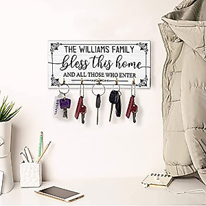 MUCHNEE Personalized Wooden Key Holder Wall Décor with Custom Family Name - Bless Home & People Enter, Key Ring Holder Hook Art with 5 Hooks for Wall, Entryway - Housewarming Gift for Family, Friends
