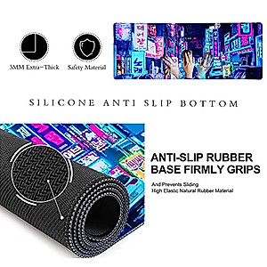 LTHAOGUO Neon Street Desk Mat, Japanese Vaporwave Cyberpunk City Cyan Gaming Mouse Pad, Rubber Base XL Large Deskmat for Computer Laptop, 31.5 X 11.8 Inch -Tokyo Rain Umbrella