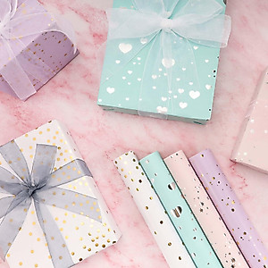 LaRibbons Wrapping Paper Roll - Hearts/Polka Dots/Stars (2 Kinds) Design for Birthday, Mother Day, Valentine's Day, Wedding, Baby Shower - 4 Rolls - 30 inch X 120 inch Per Roll