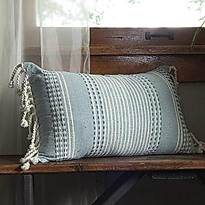 Foreside Home & Garden Blue Woven 14 x 22 inch Decorative Cotton Throw Pillow Cover with Insert and Hand Tied Tassels