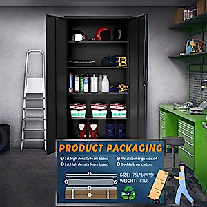 Yizosh Metal Garage Storage Cabinet with 2 Doors and 4 Adjustable Shelves - 71" Steel Lockable File Cabinet,Locking Tool Cabinets for Office,Home,Garage,Gym,School (Black)