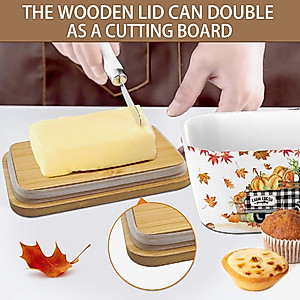 Thanksgiving Decorations Indoor Butter Dish with Lid&Knife, Thanksgiving Gifts for Women Farmhouse Fall Truck Large Ceramic Butter Dishes for Counter, Butter Keeper with Thick Acacia Wood Lid