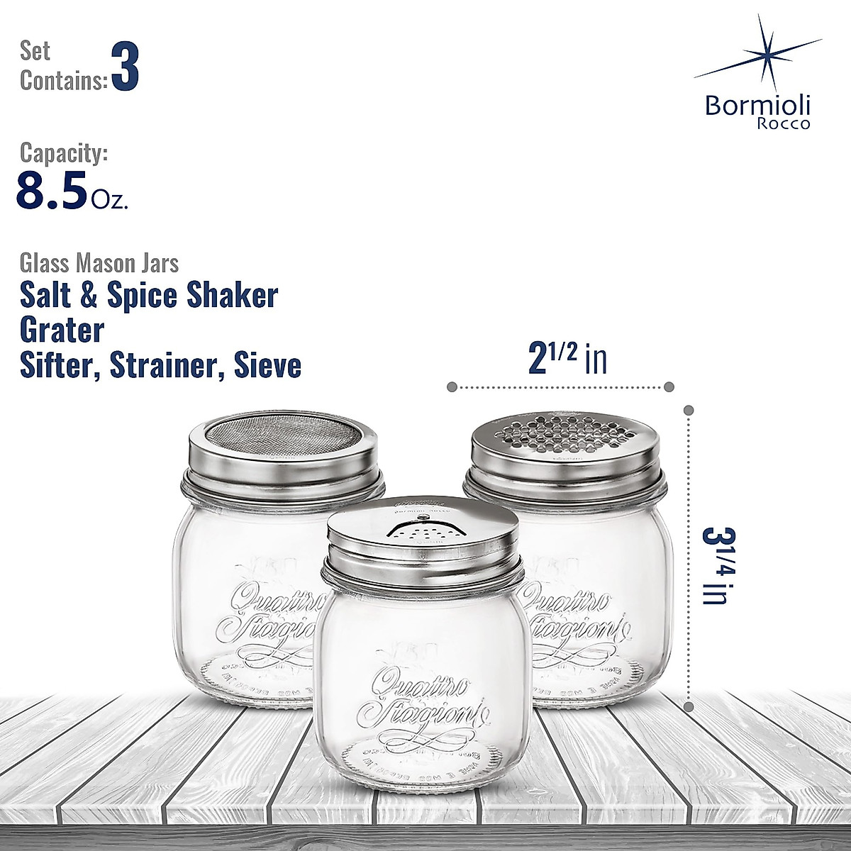 Bormioli Rocco Quattro Stagioni Variety Pack, Set Of 3 Mason Jars - Salt And Spice Shaker - Grater - Sifter, Strainers, Sieve - 8.5 Oz. Durable Glass, Stainless Steel Lid, Made In Italy.