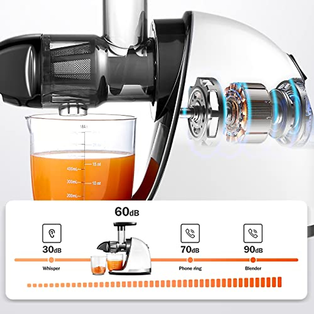 Cold PressJuicer,AMZCHEF Slow Masticating Juicer Machines with Reverse Function, High Juice Yield, Easy Clean with Brush,Recipes for High Nutrient Fruits and Vegetables, White(Updated)
