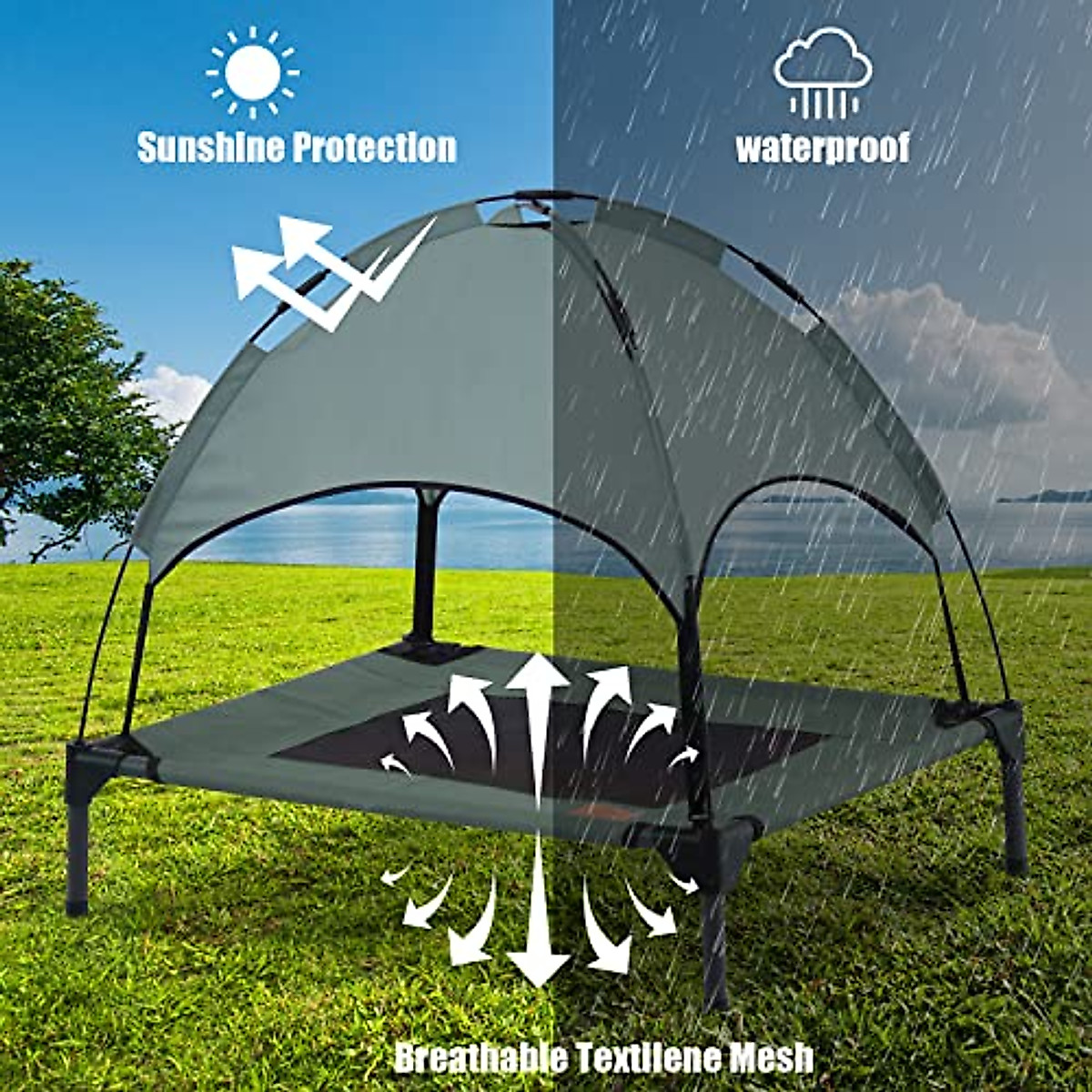 Elevated Dog Bed with Removable Canopy,M Size Portable Dog Bed for Outdoor Camping Hiking,600D Breathable Mesh Fabric and Sunshine Prevention,Raised Mesh Pet Cot with Shade Tent for Medium Dogs