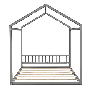 MERITLINE Queen Size House Bed for Kids, Wood Montessori Floor Bed with Headboard, Roof and Support Slats, Queen Floor Bed Frame for Toddler,Kids,Boys Girls, No Box Spring Needed (Gray)