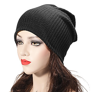 ZLYC Women Fashion Knit Slouchy Beanie Hat Thin Stretch Skull Caps (Solid Black)
