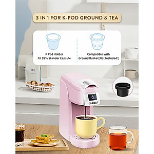 CHULUX Upgrade Single Serve Coffee Maker for K Cup & Ground Coffee, Pink Mini Single Cup Coffee Machine with One Touch Function, Fast Brewing in Minutes