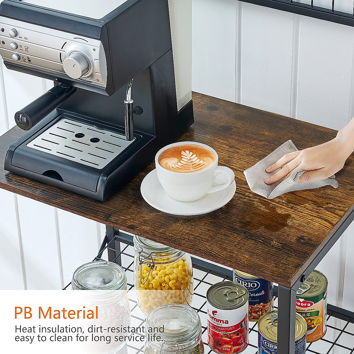 Gewudraw Kitchen Bakers Rack, Microwave Stand 4 Tiers, Kitchen Storage Rack with 4 Hooks - Rustic Brown (No Power Outlets)