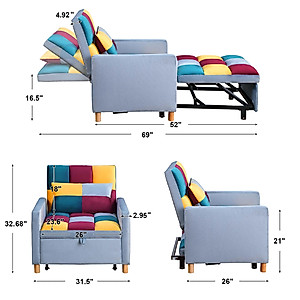 SumKea Convertible Sleeper Sofa Chair Bed, 3 in 1 Multi-Function Folding Ottoman Bed Couch Bed, Sigle Pull-Out Bed with Adjustable Backrest and Pillow for Living Room Apartment Office, Rainbow