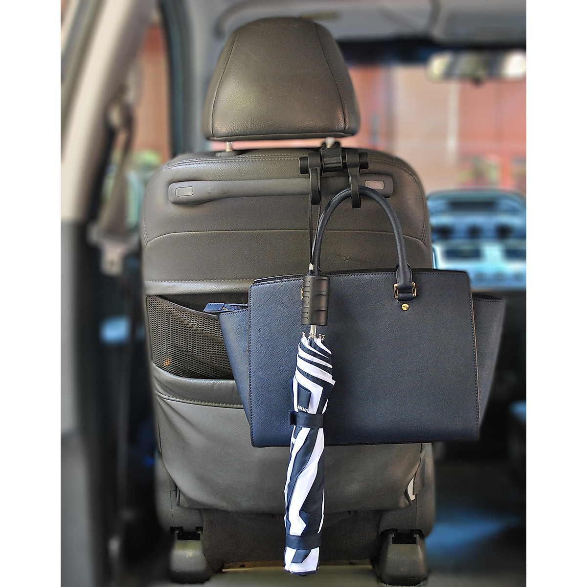 Maxsa 25526 Headrest Hanger 2 Hook Organizer for Bags, Purses and Car Storage, Black