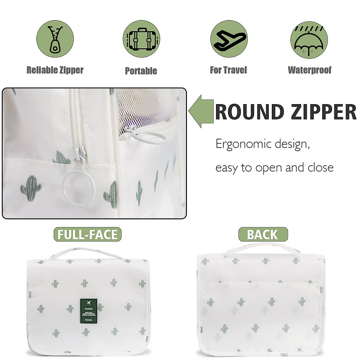 L&FY Toiletry Bag-Portable Haning Toiletry Bag For Women-Travel Makeup Organizer Cosmetic Bag with Compartment,Stury Hook (White Cactus/Travel Bag)