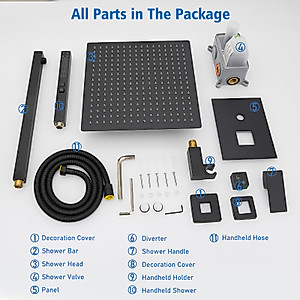 RUMOSE Matte Black Rainfall Shower System Fixture 12 Inch High Pressure Square Shower Head with 2 in 1 Handheld Spray Wall Mount Brass Bathroom Shower Faucet Set with cUPC Certified Rough-in Valve