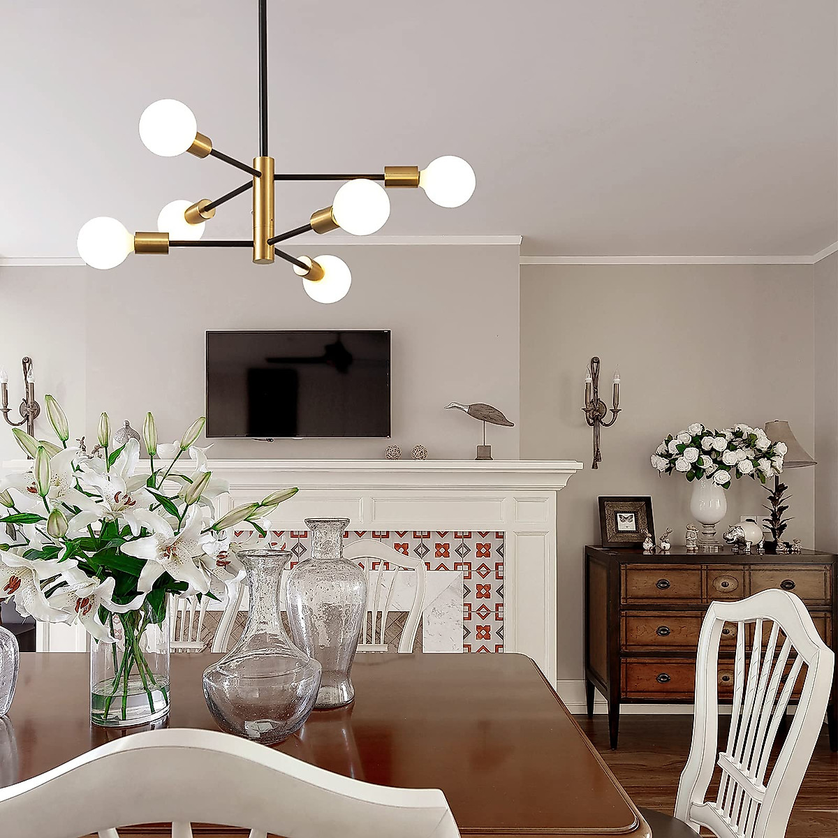 KAISITE Modern Sputnik Chandelier - 6 Light Chandelier Light Fixture Height Adjustable Mid Century Ceiling Chandelier Plating Finished Black and Gold Chandelier for Kitchen Bedroom and Foyer