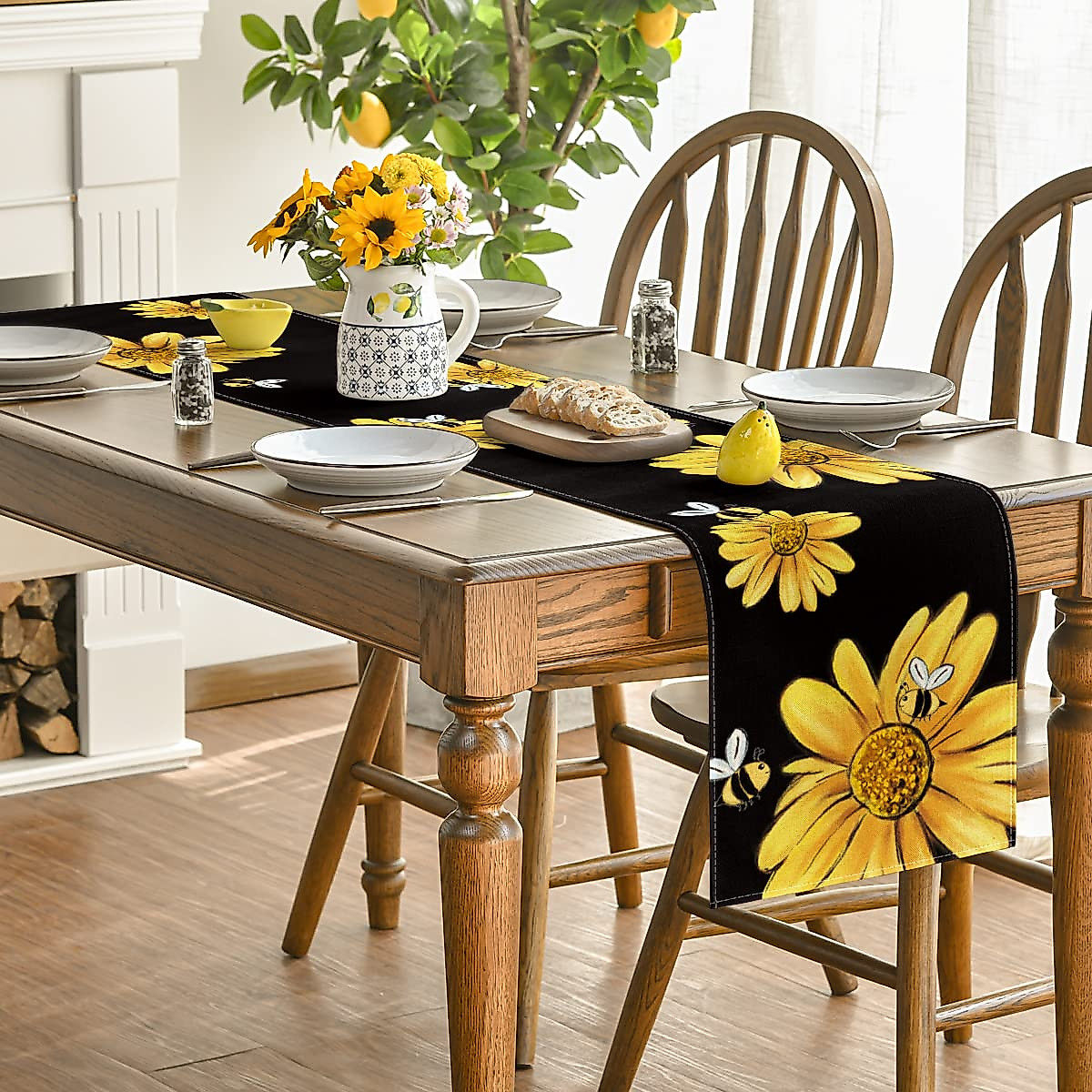 Artoid Mode Bee Sunflower Table Runner Black, Seasonal Spring Summer Flowers Holiday Kitchen Dining Table Decoration for Home Party Decor 13 x 72 Inch