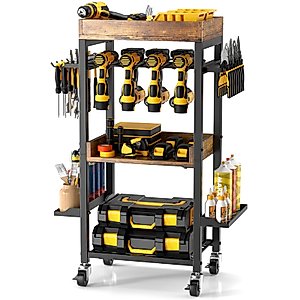 POKIPO Power Tool Cart, Heavy Duty Garage Shelving with Wheels, Movable Tool Box Cart Chest Organizer for Mechanic and Man Gift, Cordless Tool Storage for Garage and Garden