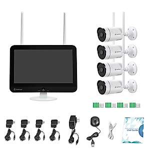 Pinfocal Security Camera System Wireless, 4pcs 2K Outdoor WiFi IP Security Camera with Spotlight, Long-Range WiFi, 2-Way Audio, 8CH All-in-One NVR with 12'' IPS HD Monitor, 1TB HDD for 24/7 Recording