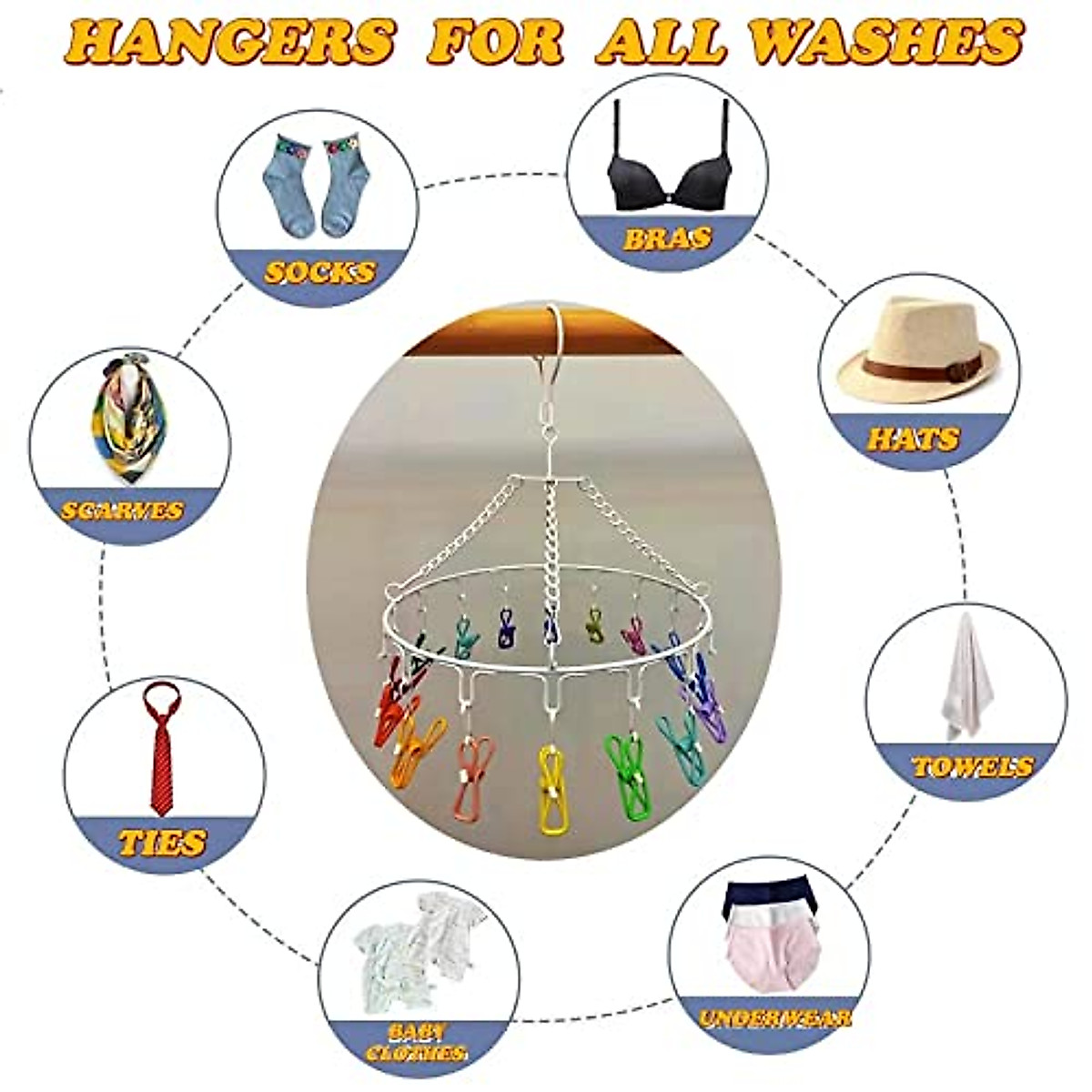 AIKAILI-US Clothes Drying Rack for Socks, Underwear,Bras,Lingerie Baby Clothes etc. Laundry Drying Rack with Windproof Hook Clip and 360 ° Rotation Design (16 Clips+10 DIY Clips,Rainbow Colors)