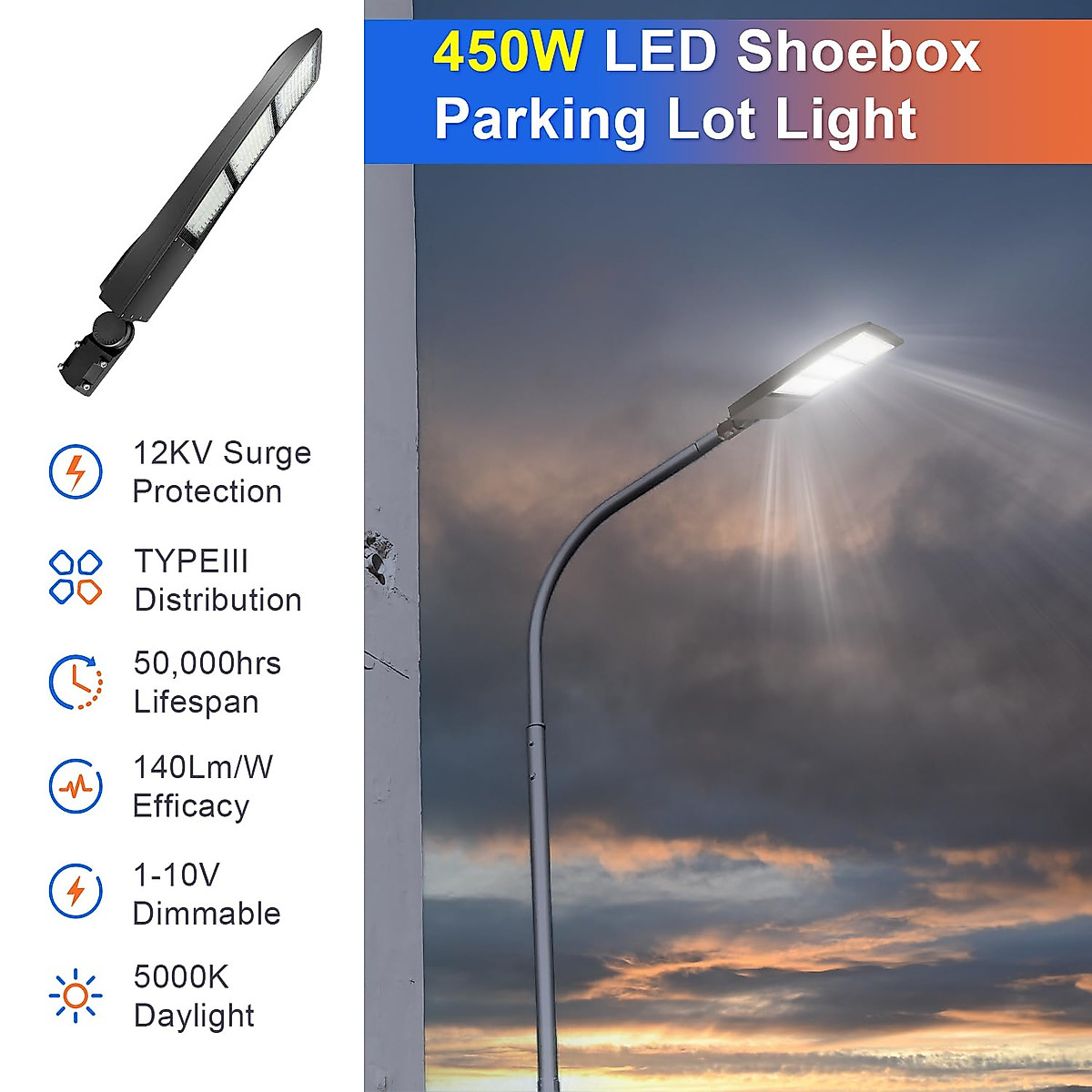 OSTEK 450W LED Parking Lot Light with Slip Fitter Mount, 5000K 63000Lm(140lm/w) Shoebox Light IP65 Waterproof Outdoor Street Area Light, Commercial Outdoor Lighting 100-277V ac, UL&DLC Listed