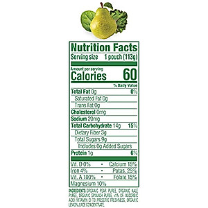 Happy Baby Organics Stage 2 Baby Food Pouches, Gluten Free, Vegan & Healthy Snack, Clearly Crafted Fruit & Veggie Puree, Pears Kale & Spinach, 4 Ounces (Pack of 8)