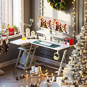 MOTPK Gaming Desk L Shaped, Small Corner Desk with Storage Shelf & Power Outlets, Computer Desk with Monitor Shelf, L Shaped Desk with Carbon Fiber Surface, Gamer Desk Gaming Table, White, 47 Inch