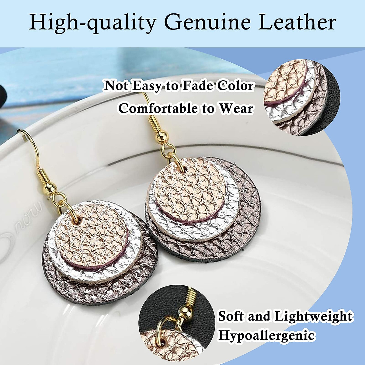 CaleesLLC Women's Genuine Leather Earring 3 Layers Round Petal Dangle Statement Earring Bohemia Jewelry Lightweight and Soft