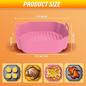 3 Pcs Air Fryer Silicone Liners, Air Fryer Basket 8 inch Square Heat Resistant Reusable Air fryers Silicone Pot for 4 to 7 QT Air Fryer Oven Microwave (Gray+Pink+Yellow)