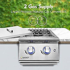 WAFIET Built-in Double Grilling Side Burners with Lid for Outdoor Kitchen BBQ Island, 304 Stainless Steel, 15,000BTU Liquid Propane/Natural Gas Grill with Drip Tray - LPG/NG Convertible