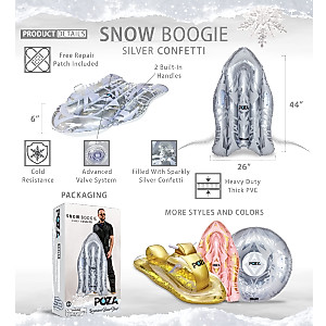 POZA Inflatable Silver Snow Boogie Sled – Luxurious Snow Sled with Handles and Filled with Silver Snowflake Confetti – Premium Heavy Duty Cold Resistant PVC Sled for Adults and Kids – 44 Inch