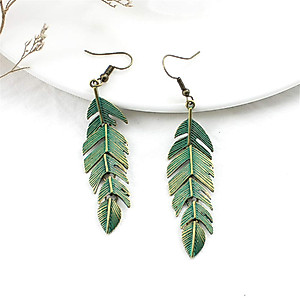 Handmade Boho Vintage Green Bronze Lightweight Statement Leaf Earrings with Detailed Texture Drop Dangle Earring for Women (Green)