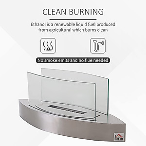 HOMCOM Ethanol Fireplace, 23.5" Tabletop 0.15 Gallon Stainless Steel 215 Sq. Ft., Burns up to 2 Hours, Silver