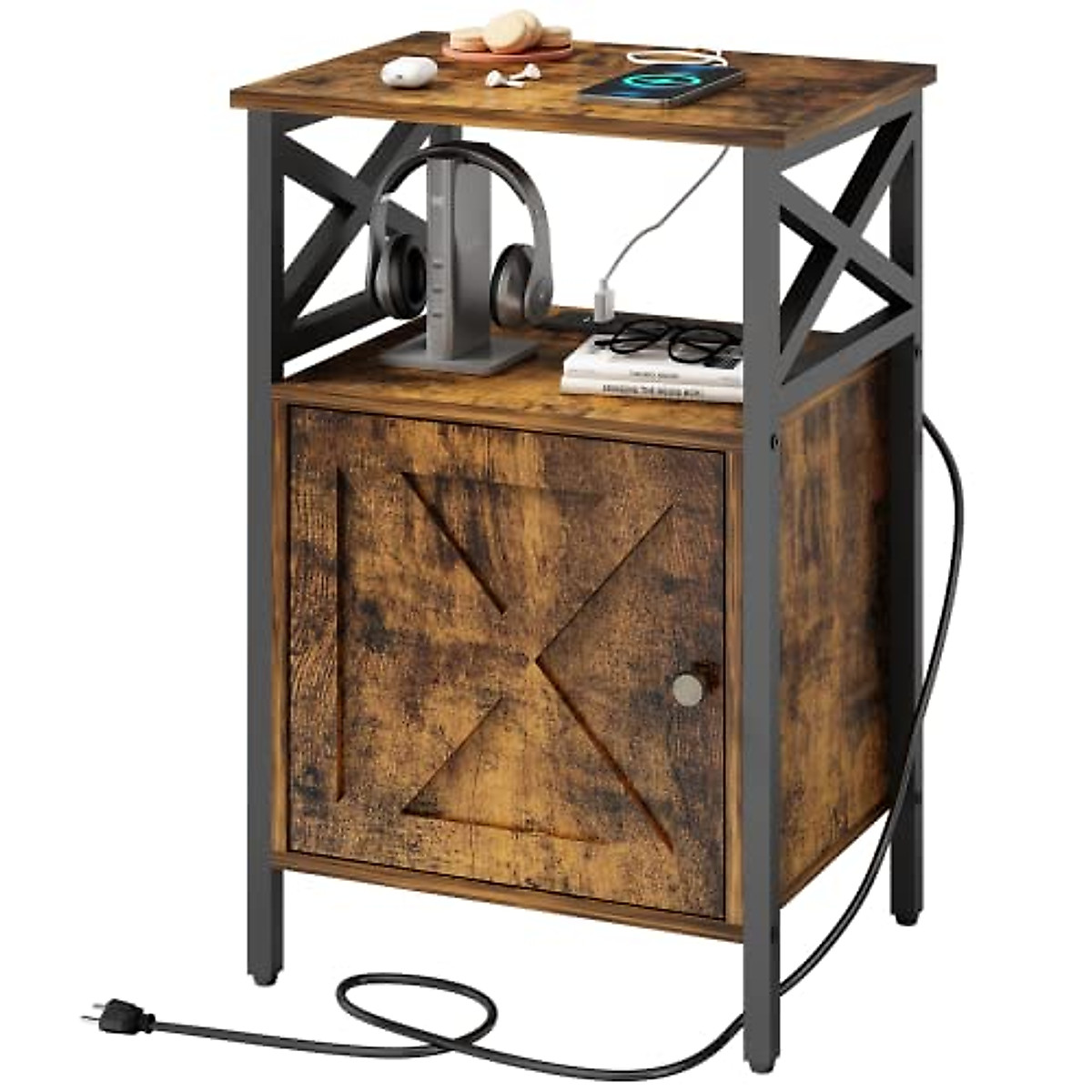 LDTTCUK Side Table with Charging Station, End Table with Power Outlet & USB Ports, Nightstand with 2 Tiers Storage Space and Storage Cabinet, Sofa Side Tables for Bedroom, Living Room,Office,Brown