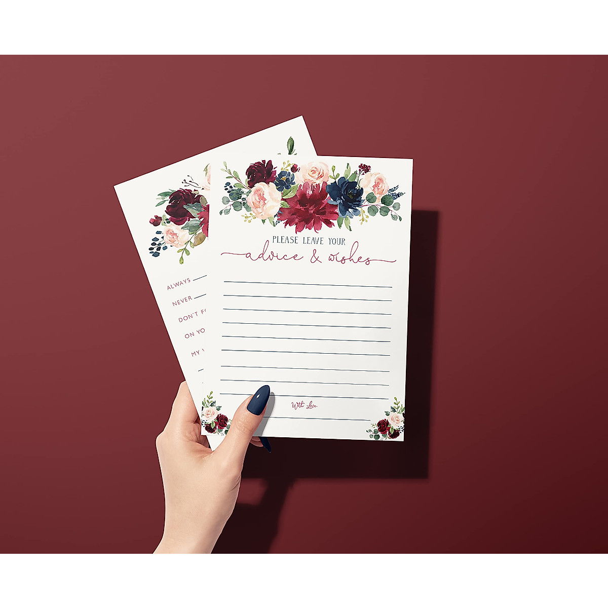 Your Main Event Prints Navy Burgundy Advice and Wishes Cards for Bridal Showers, Weddings, and the Bride and Groom - Pack of 50, 5"x7" Cards