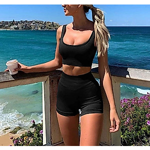 TWFRHC Women's Workout Sets Ribbed Tank 2 Piece Seamless High Waist Gym Outfit Yoga Shorts Sets