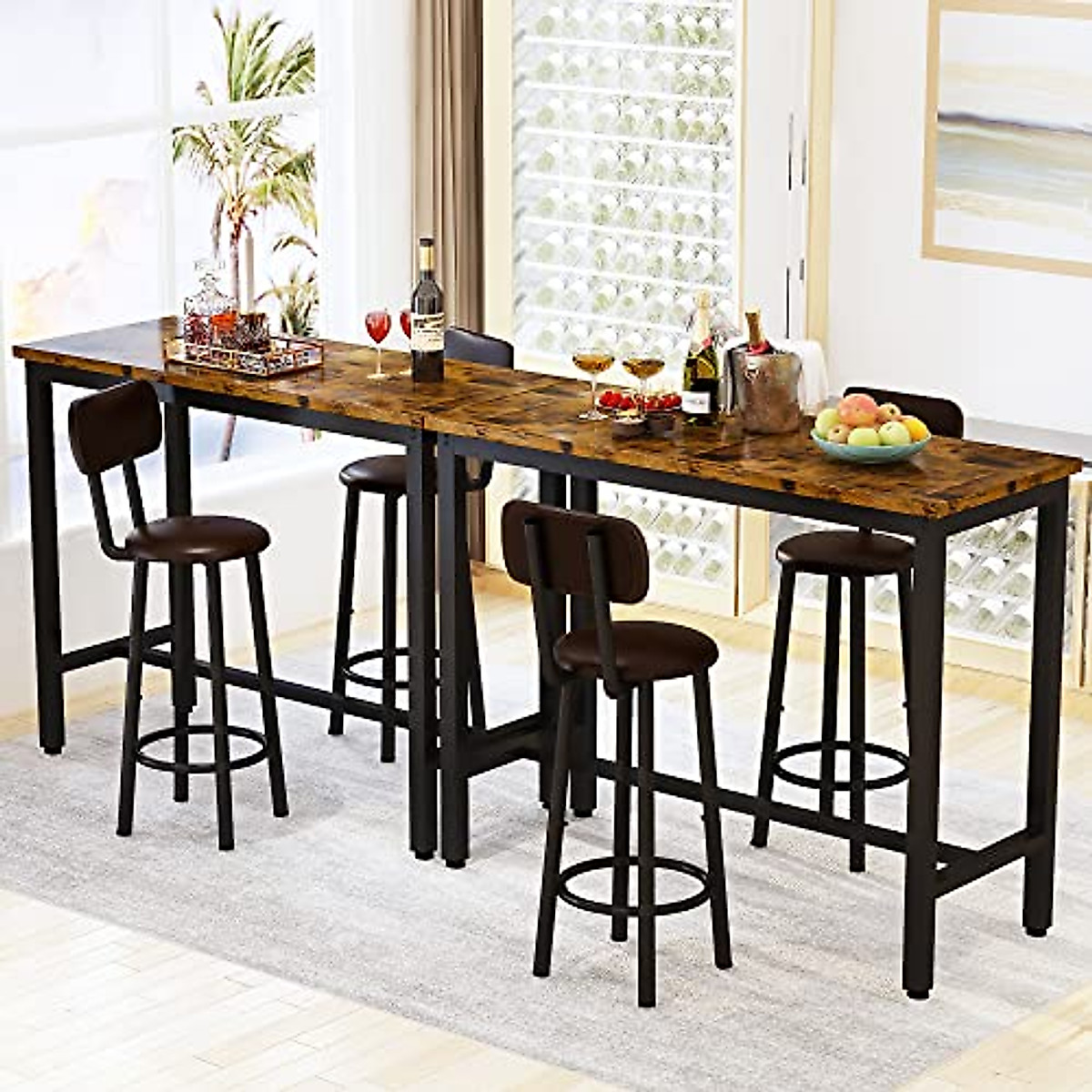 AWQM Bar Table Set of 2,39.3" Pub Height Table & 2 PU Upholstered Stools with Backrest,Industrial 3 Piece Breakfast Bar Table Sets,for Living Room,Kitchen,Bar,Rustic Brown & Black & Brown