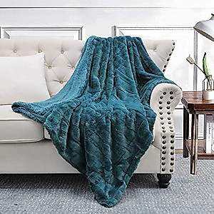 BYTIDE Stripe Faux Fur Plush Throw Blankets with Sherpa Back, Super Soft Warm Cozy Fluffy Fuzzy Reversible Luxury Throw for Couch Sofa Chair Bed Cover, 50" x 60", Greenish Blue
