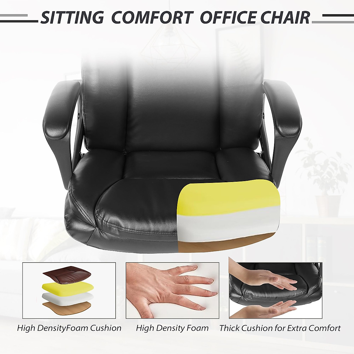 Office Chair,Executive Desk Chair with Lumbar Support,PU Leather Mid Back Computer Chair with 360-Degree Rolling Swivel Tilt，Ergonomic Desk Chair with Padded Armrest for Adult Men Women,Black