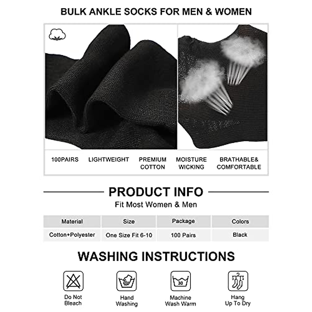 Tarpop 100 Pairs Mens Socks Bulk Moisture Wicking Socks Casual Sports Ankle Socks Bulk for Homeless Unisex Adult Men Women (Black)