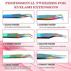 7 Pcs Eyelash Extension Tweezers Set Diamond Grip Lash Tweezer for Eyelash Extensions Japanese Stainless Steel Straight and Curved Tip Precision Tweezers Kits for Profession and Beginner (Colorful)