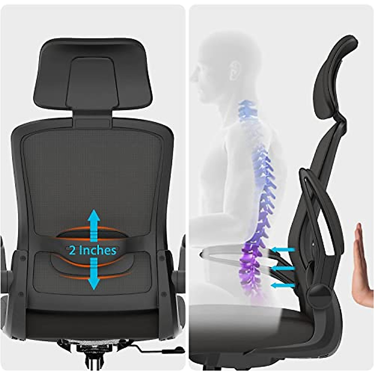 Home Office Desk Chairs, Ergonomic Office Chairs with Flip-up Armrests, Computer Desk Chairs with Lumbar Support, Office Desk Chairs with Rocking Function, Black