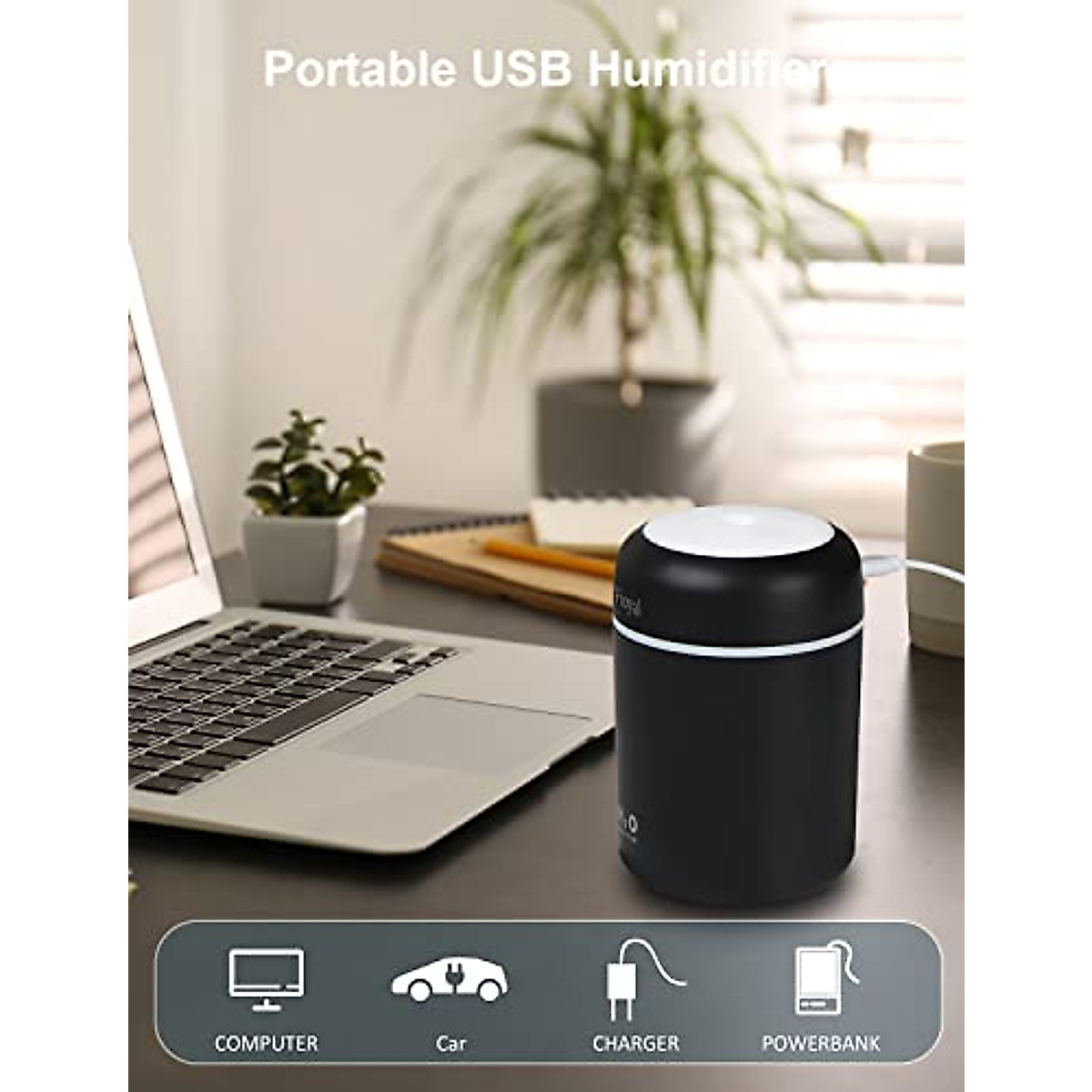 Portable Mini Humidifier, Fioyal RGB Light Small Humidifiers for Bedroom, Car, Desktop, 2 Cool Mist Modes, Quiet(300ML, Black)