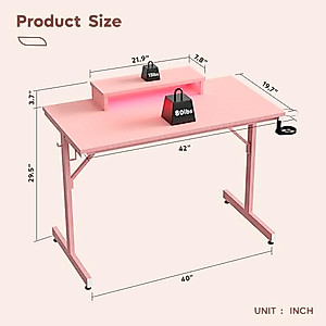 Bestier Small Gaming Desk with Monitor Stand, 42 inch LED Computer Desk, Gamer Workstation with Cup Holder & Headset Hooks, Modern Simple Style Desk for Home Office, Carbon Fiber Pink