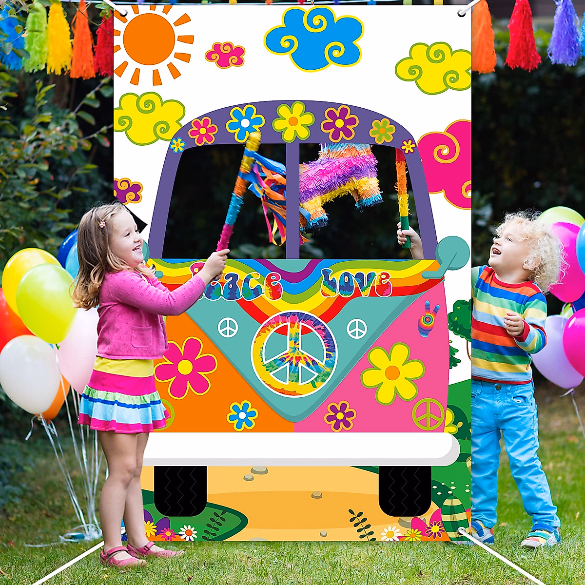 60's Hippie Bus Photo Prop 60s Party Decorations Large Fabric Retro Groovy Van Prop Hippie Selfie Frame Backdrop Background Banner Birthday Party Supplies Retro 60s 70s Party Favors 59 x 39.4 Inch