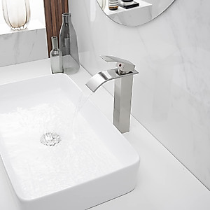 BWE Vessel Sink Faucet Modern Waterfall Brushed Nickel Single Hole Bathroom Faucet Single Handle with Pop up Drain Without Overflow Assembly Vanity Basin Bath Sink Faucets Mixer Tap Lead-Free